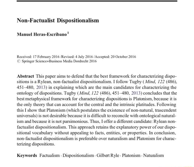 Non-Factualist Dispositionalism Manuel Heras-Escribano! Received: 17 ...