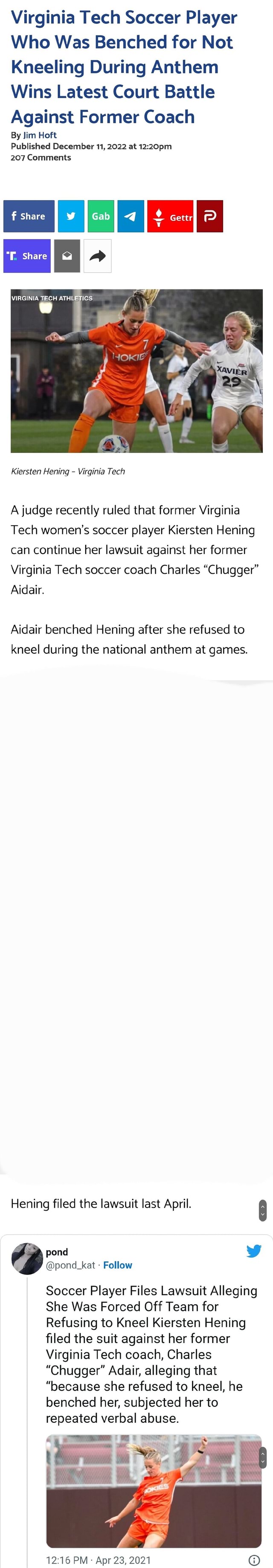 Virginia Tech Soccer Player Who Was Benched for Not Kneeling During ...