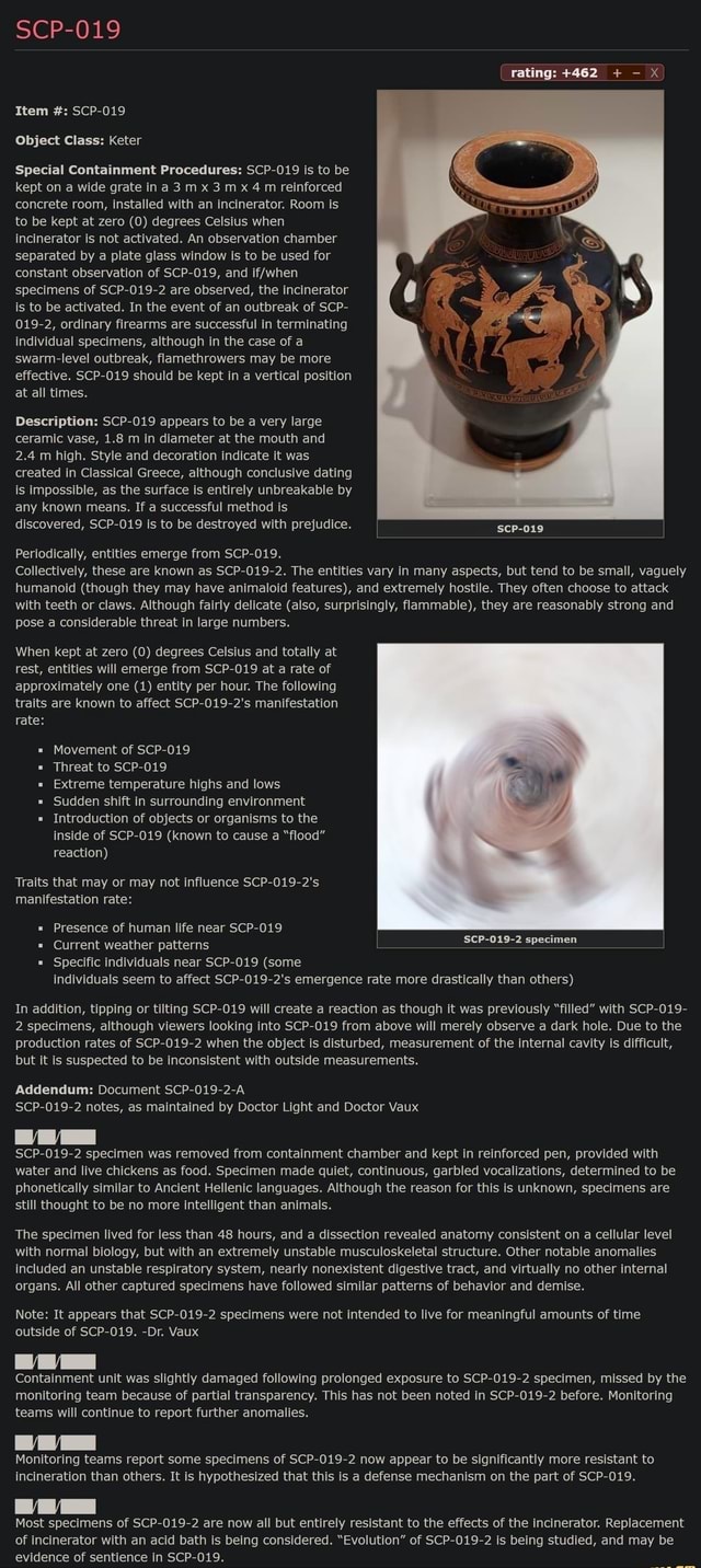 SCP-019 rating: +462 + X Item SCP-019 Object Class: Keter Special ...