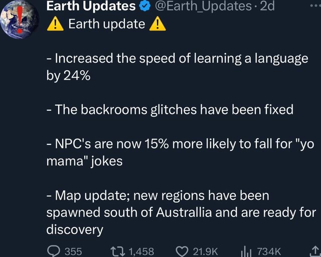 Earth Updates @ @Earth Updates A Earth update by 24% - Increased the ...