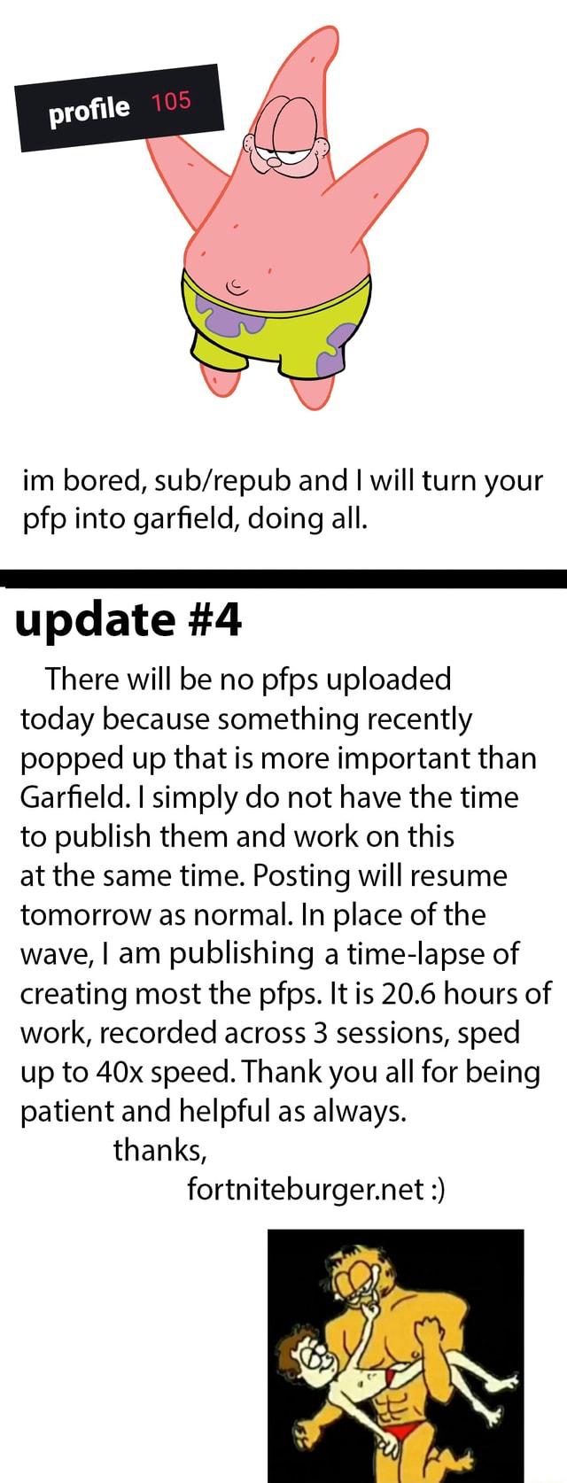 Im bored, sub/repub and I will turn your pfp into garfield, doing all ... Im bored, sub/repub and I will turn your pfp into garfield, doing all ...