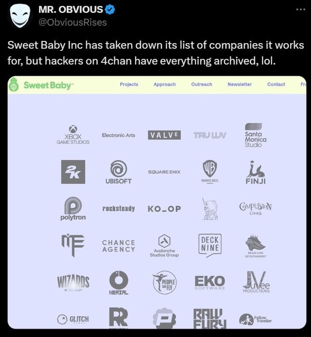 MR. OBVIOUS Sweet Baby Inc has taken down its list of companies it ...