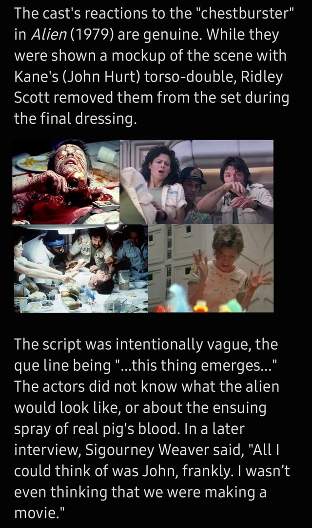 The cast's reactions to the "chestburster" in Alien (1979) are genuine ...
