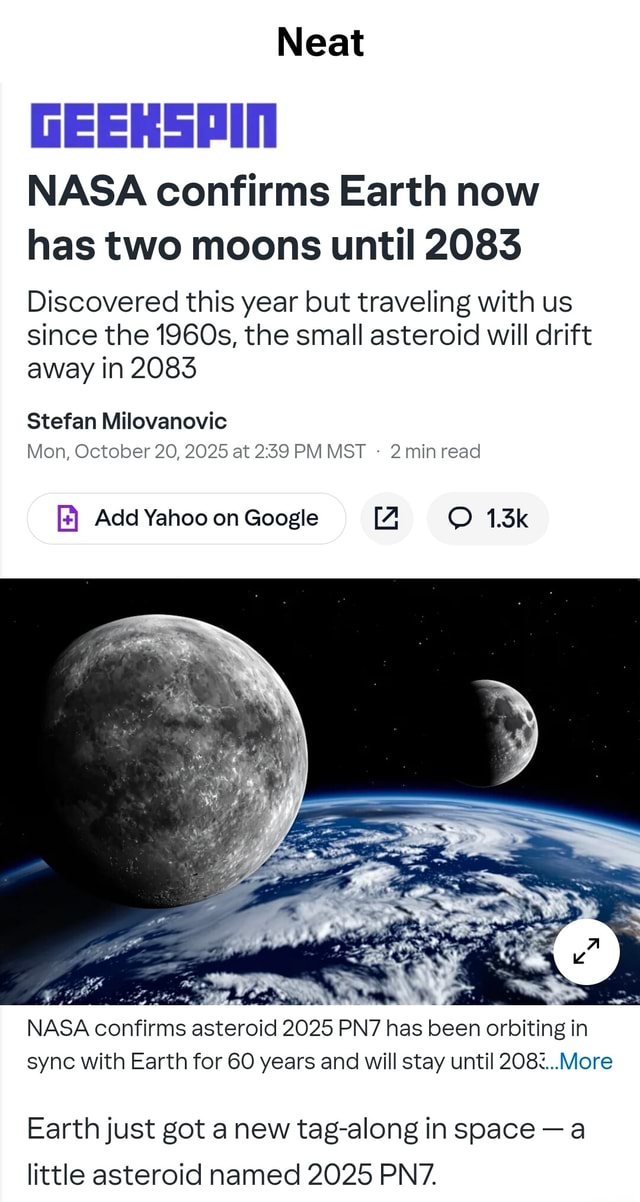 Neat NASA confirms Earth now has two moons until 2083 Discovered this ...