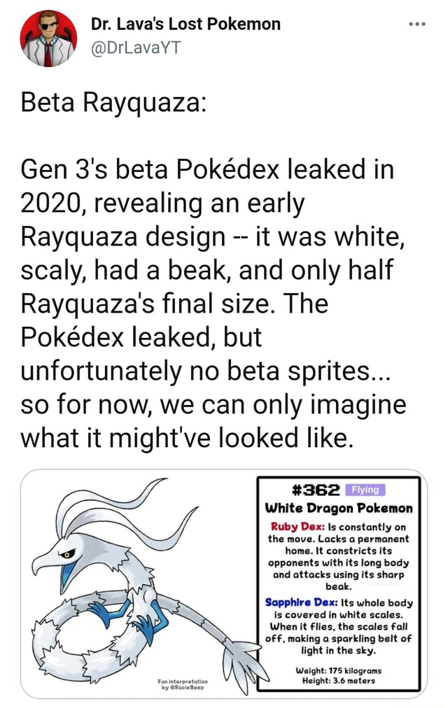 Dr. Lava's Lost Pokemon @DrLavaYT Beta Rayquaza: Gen beta Pokdex leaked ...