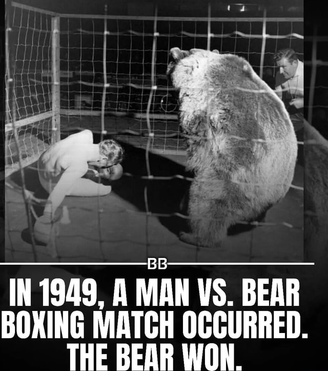 IN 1949, MAN VS. BEAR BOXING MATCH OCCURRED. THE BEAR WON. - iFunny