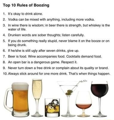 Top 10 Rules of Boozing I's okay to drink alone. 2, Vodka can be mixed ...