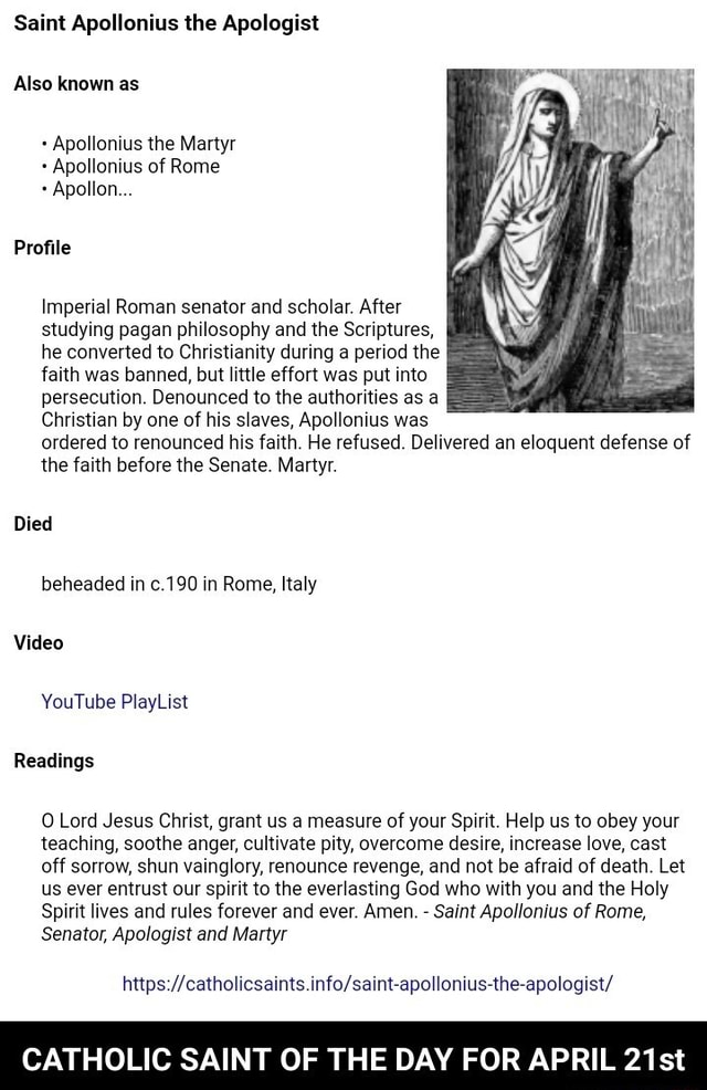 Saint Apollonius the Apologist Also known as + Apollonius the Martyr ...