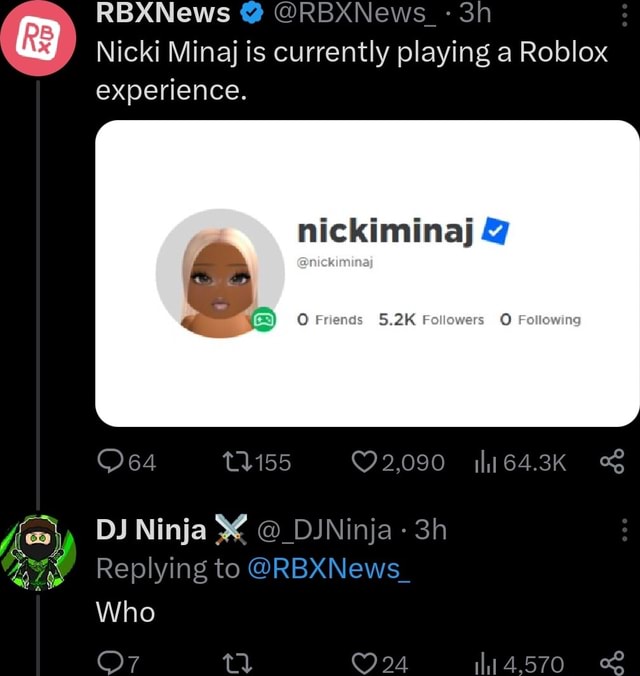 RBXNews @ @RBXNews_ Nicki Minaj is currently playing a Roblox ...
