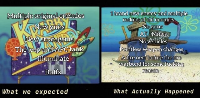 Multiple original enemies New guns New stratagems The jeep and APC tank ...