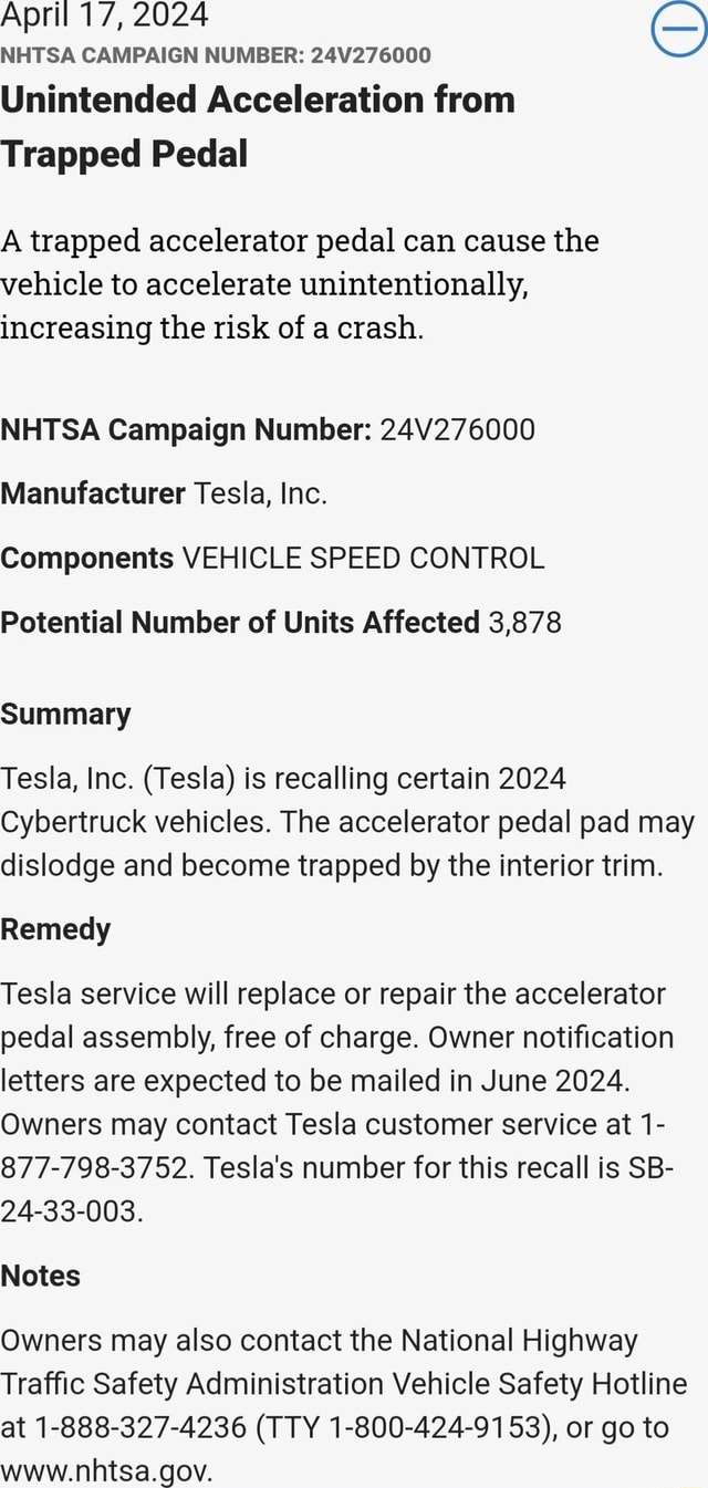 April 17, 2024 NHTSA CAMPAIGN NUMBER: 24V276000 Unintended Acceleration ...