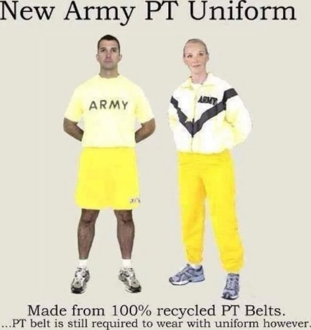 New Army PI Uniform ARMY Al Mg Made from 100% recycled PT Belts. ...PT ...