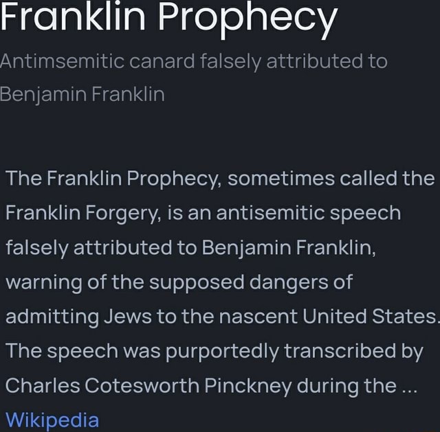 Franklin Propnecy Antimsemitic canard falsely attributed to Benjamin ...