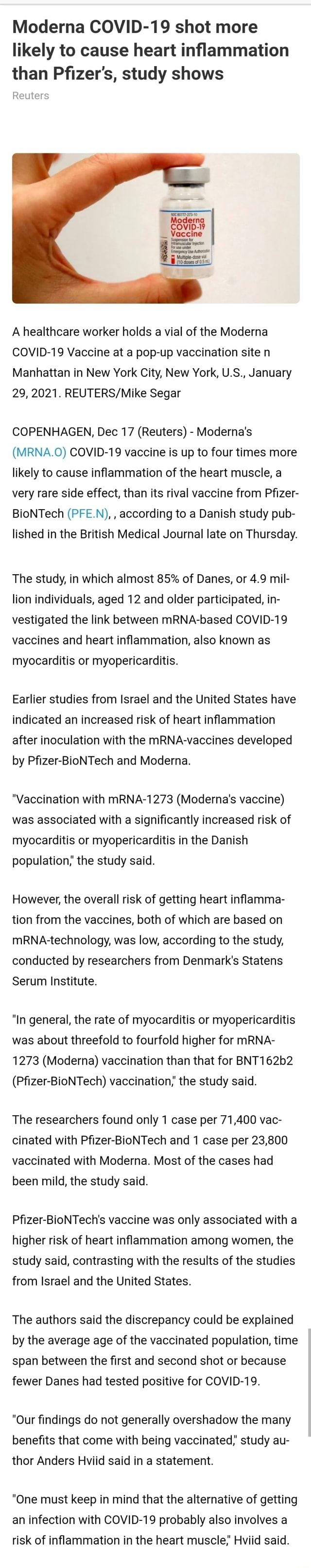 Moderna COVID-19 shot more likely to cause heart inflammation than ...