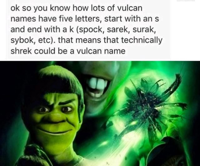 Ok so you know how lots of vulcan names have five letters, start with ...