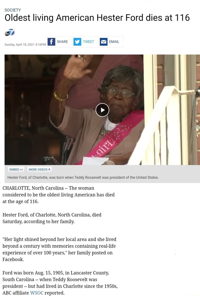 SOCIETY Oldest living American Hester Ford dies at 116 I SHARE I TWEET ...