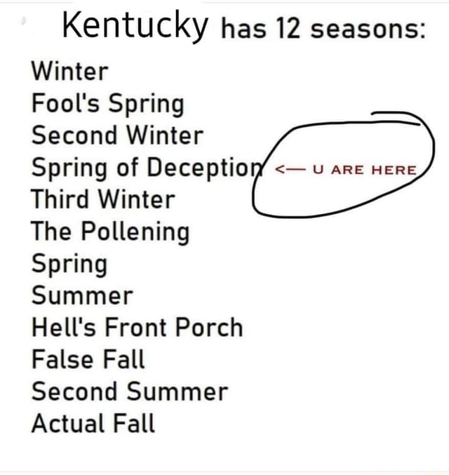 Kentucky has 12 seasons: Winter Fool's Spring Second Winter Spring of ...