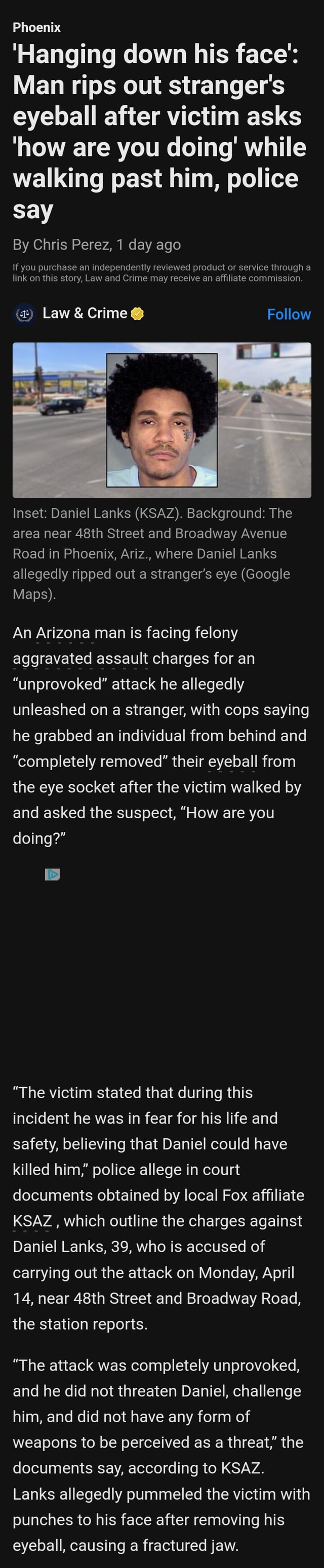 Phoenix 'Hanging down his face': Man rips out stranger's eyeball after ...