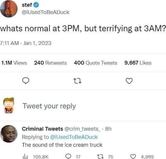 Whats normal at but terrifying at SAM? Views AM - Jan 1, 2023 Tweet ...