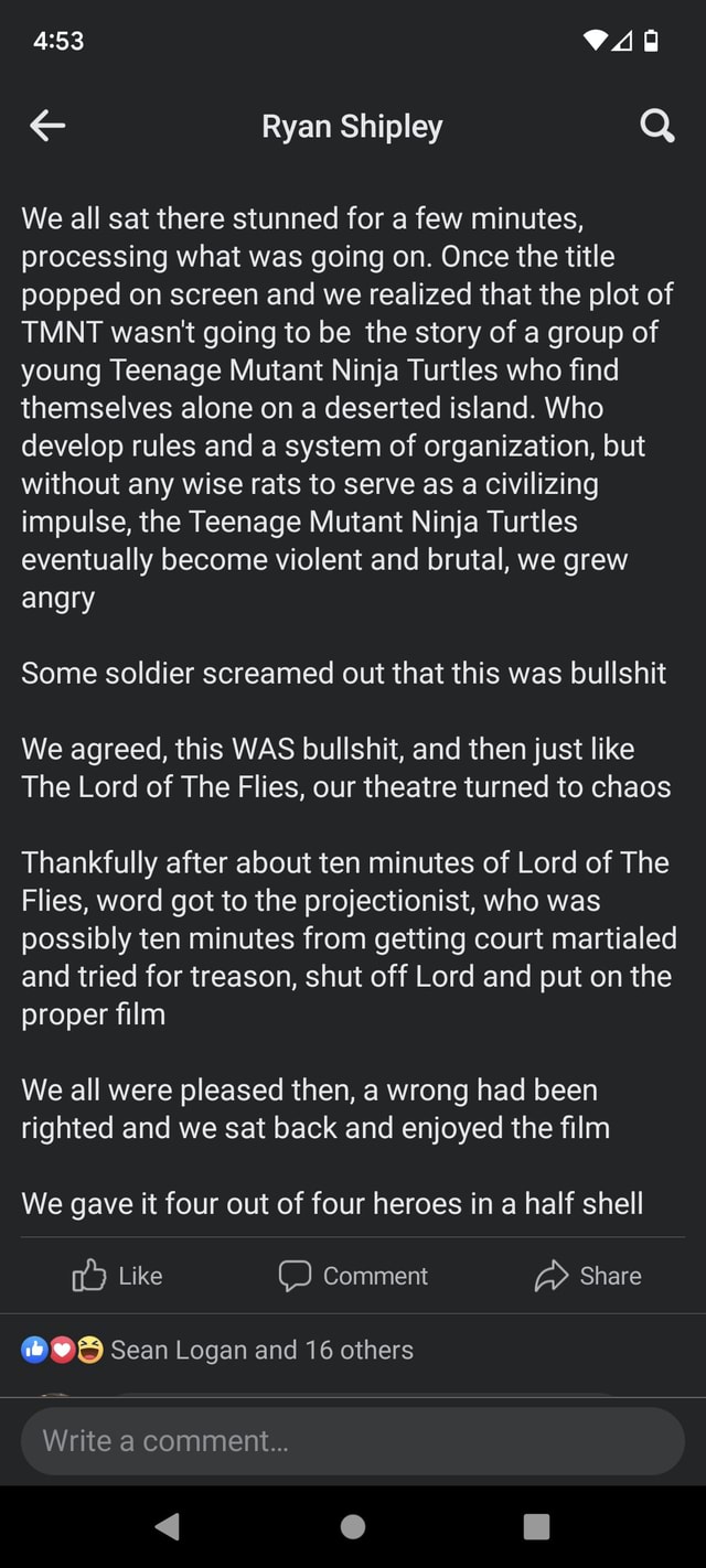 HAPPY ANNIVERSARY TEENAGE MUTANT NINJA TURTLES THE MOVIE - Ryan Shipley Q We all sat there ...