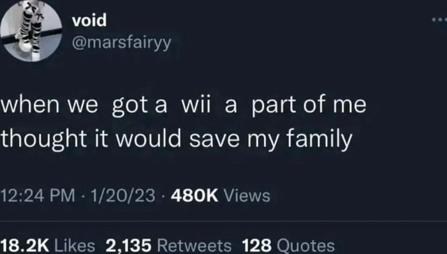 Void when we gota wii a part of me thought it would save my family PM ...