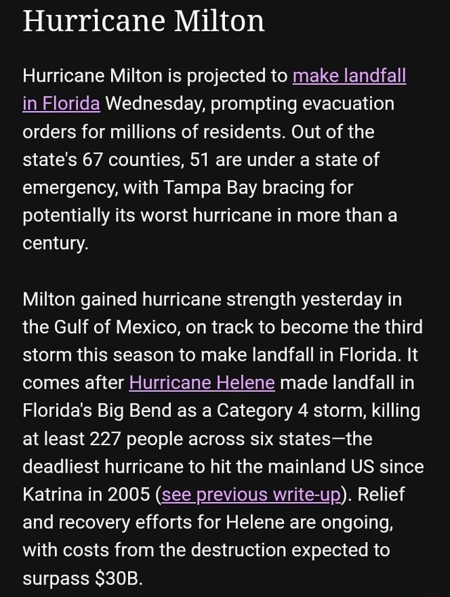 Hurricane Milton Hurricane Milton is projected to make landfall in ...
