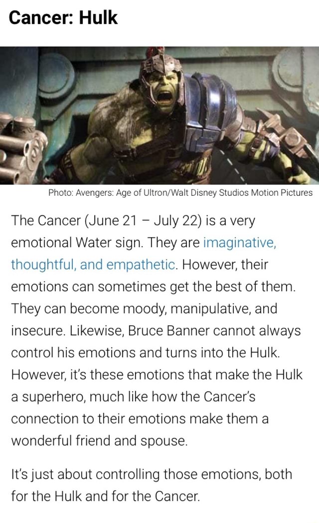 Cancer: Hulk Photo: Avengers: Age of Ultron/Walt Disney Studios Motion ...