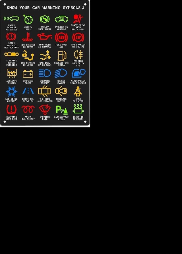 KNOW YOUR CAR WARNING SYMBOLS ; ENEMY DON'T DRIVE SCANNER CURFEW SMELLY ...