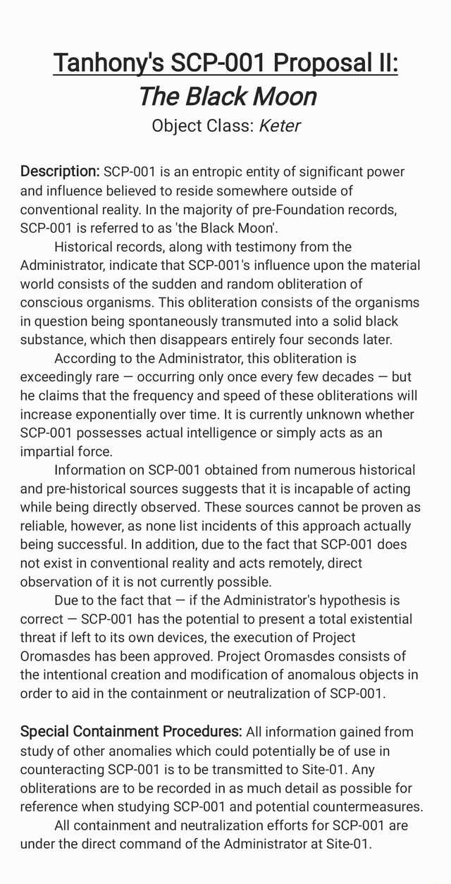 Tanhony's SCP-001 Proposal II: The Black Moon Object Class: Keter ...