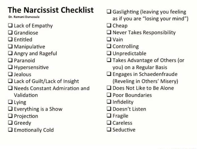 The Narcissist Checklist Dr. Ramani Durvasula Q Lack of Empathy Grandiose Entitled Q ...