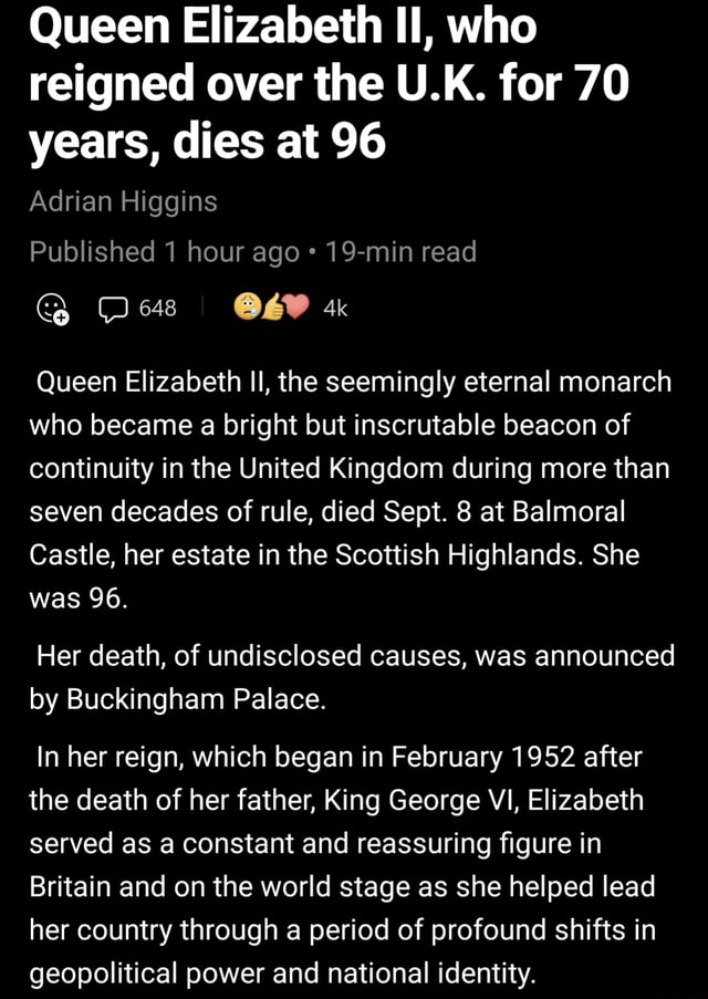 Queen Elizabeth II, who reigned over tine UK. tor 70 years, dies at 96 ...