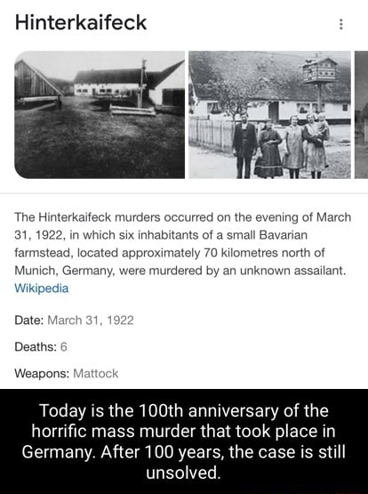 Hinterkaifeck 'The Hinterkaifeck murders occurred on the evening of ...