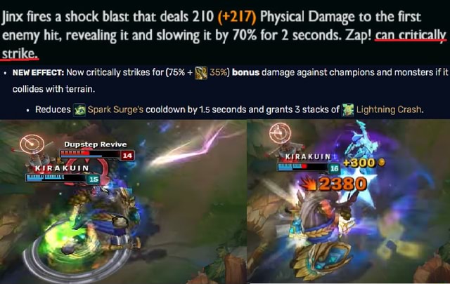 Jinx fires a shock blast that deals 210 (+217) Physical Damage to the ...