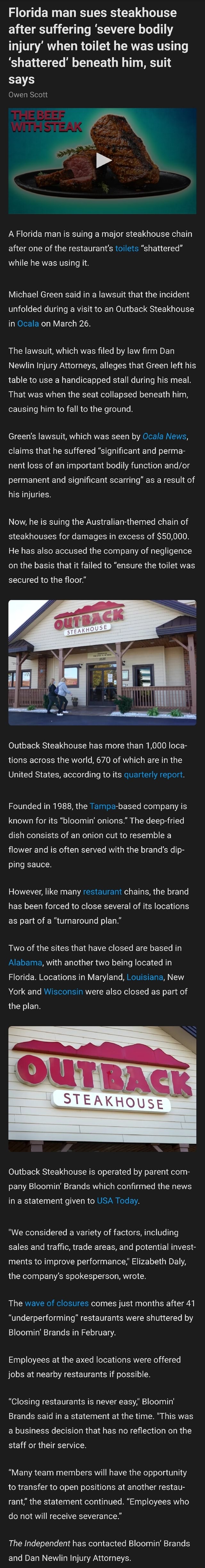 Florida man sues steakhouse after suffering 'severe bodily injury' when ...