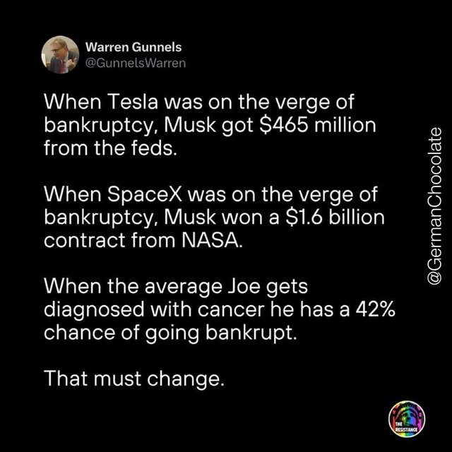 Warren Gunnels @GunnelsWarren When Tesla was on the verge of bankruptcy ...
