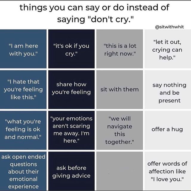 Things you can say or do instead of saying "don't cry." "lam here "it's ...