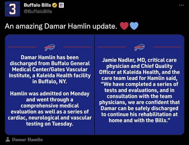 Buffalo Bills An amazing Damar Hamlin update. Damar Hamlin has been ...