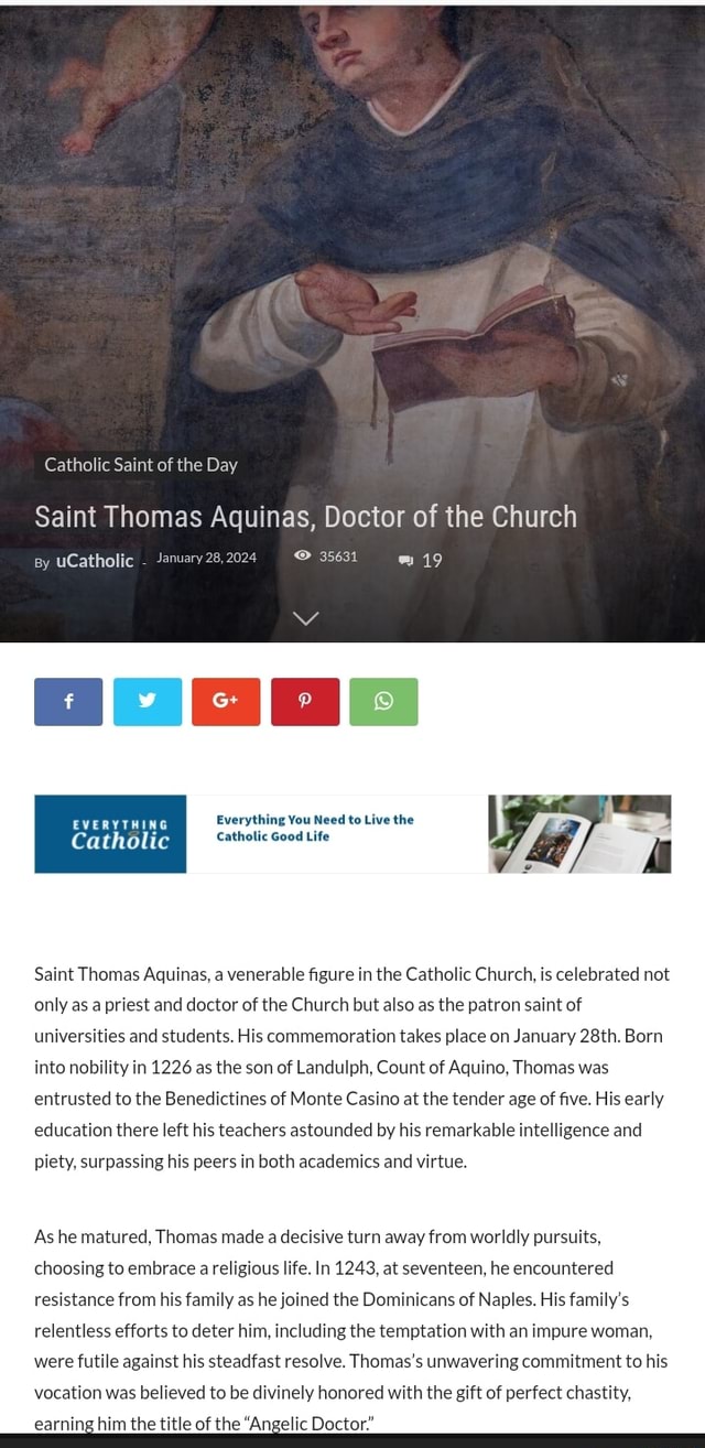 Catholic Saint of the Day Saint Thomas Aquinas, Doctor of the Church ...