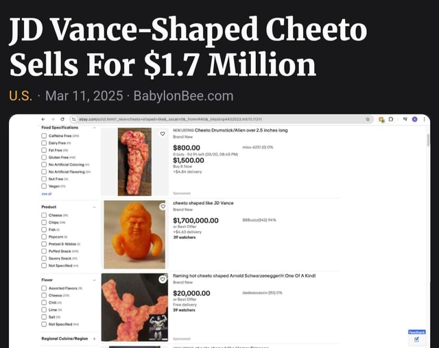 JD Vance-Shaped Cheeto Sells For $1.7 Million - iFunny