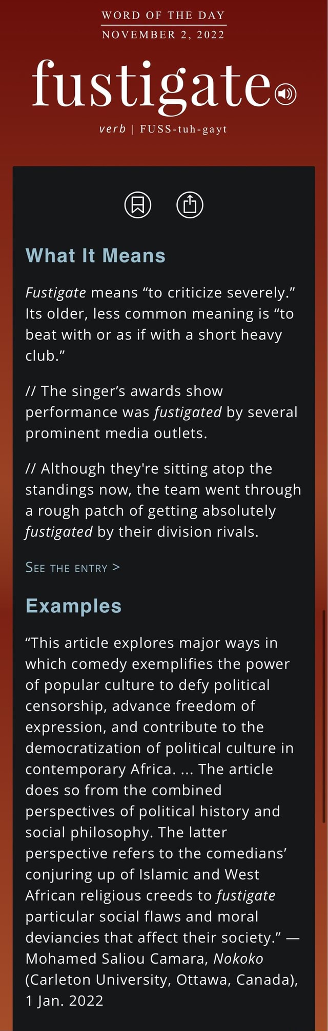 WORD OF THE DAY NOVEMBER 2, 2022 fustigates verb I FUSS-tuh-gayt What ...