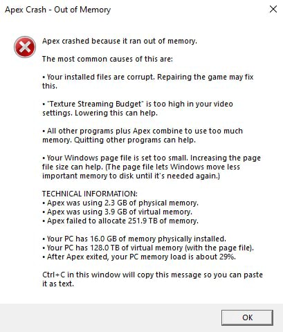 'Apex Crash - Out of Memory x Apex crashed because it ran out of memory ...