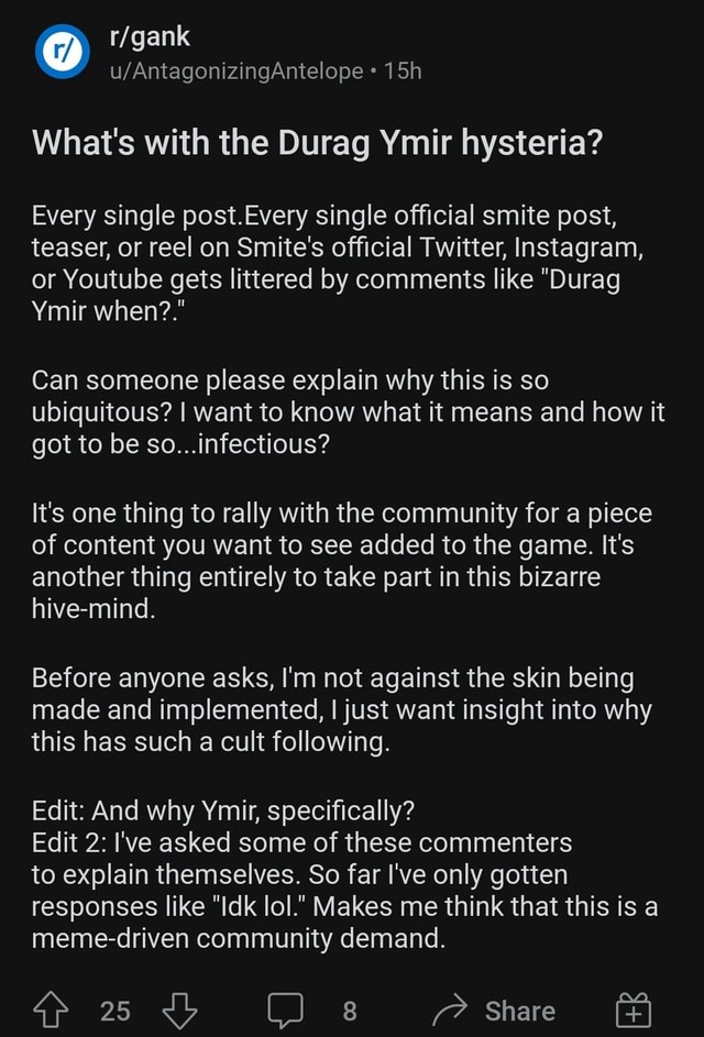 What's with the Durag Ymir hysteria? Every single post.Every single ...