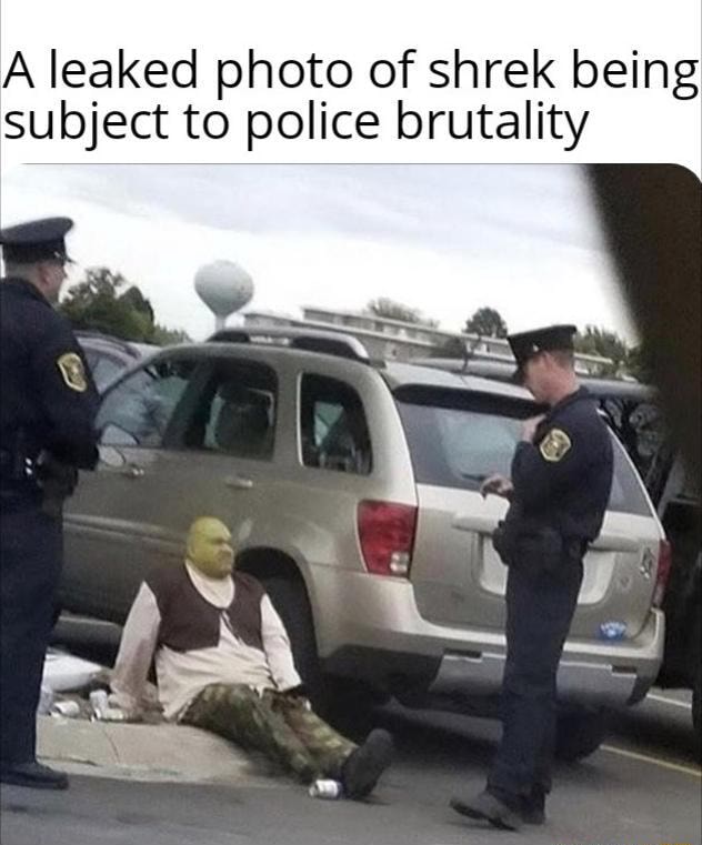 A leaked photo of shrek being subject to police brutality - iFunny