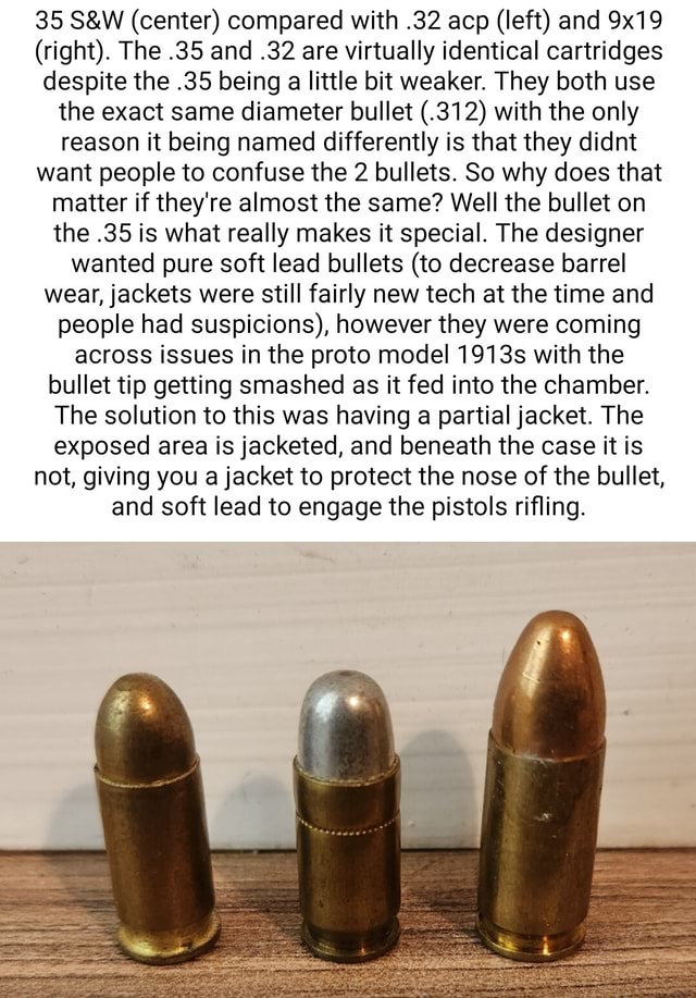 35 (center) compared with .32 acp (left) and 9x19 (right). The .35 and ...