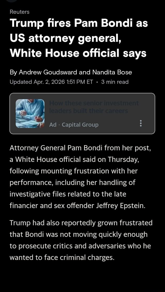 Reuters Trump fires Pam Bondi as US attorney general, White House ...