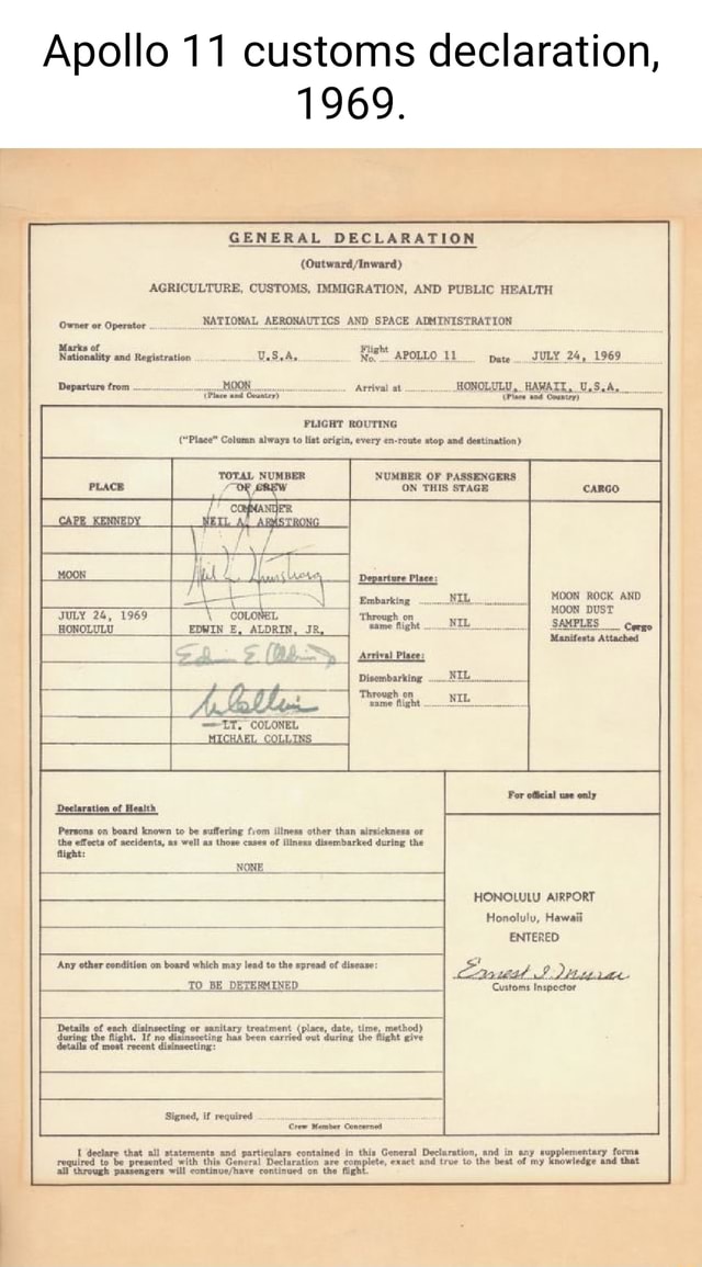 Apollo 11 customs declaration, 1969. GENERAL DECLARATION (Outward ...