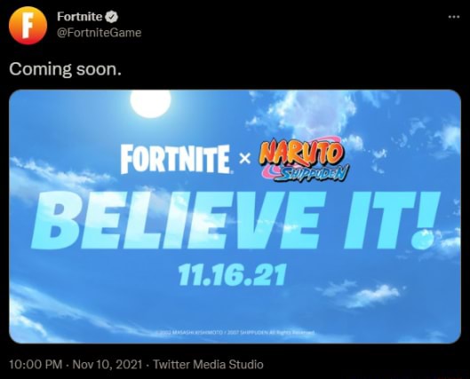 Fortnite Coming soon. PM - Nov 10, 2021 11.16.21 Twitter Media Studio ...