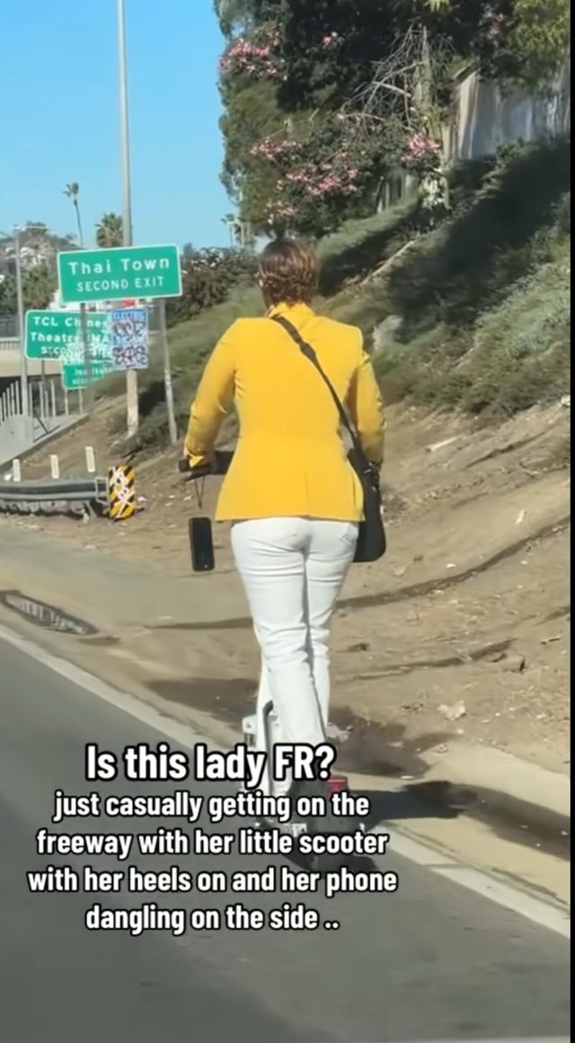 Is this lady, FR? just casually getting on the freeway with her little scooter with her heels on ...