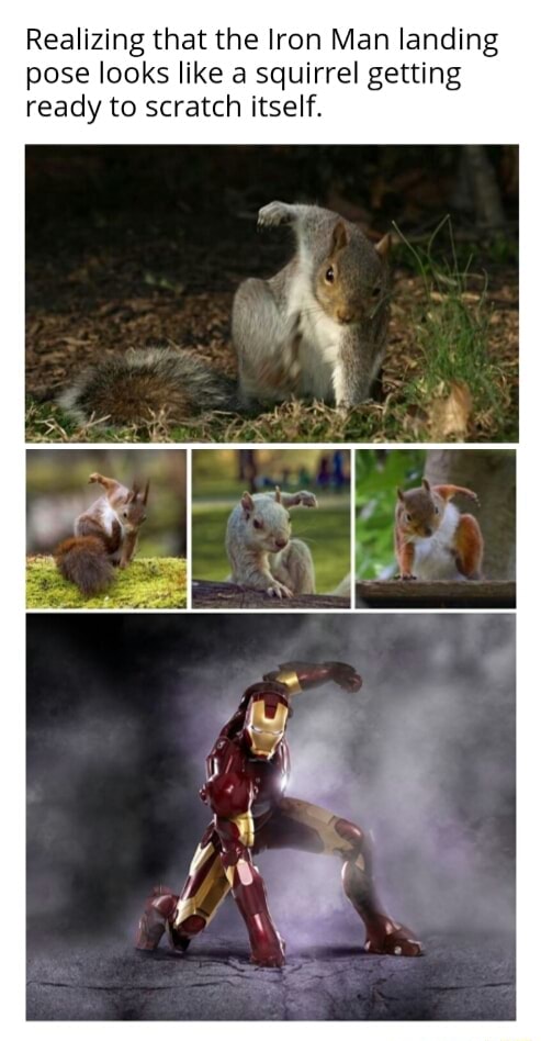 Realizing that the Iron Man landing pose looks like a squirrel getting ...