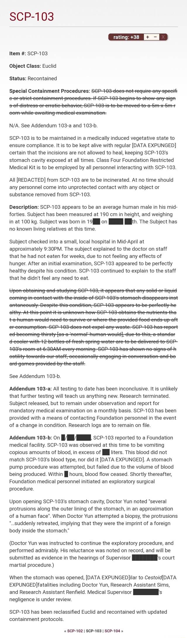 SCP-103 Item SCP-103 Object Class: Euclid Status: Recontained rating ...